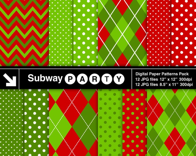Christmas Chevron, Polka Dots and Argyle Digital Papers Pack in Red ...