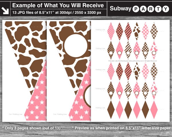 Printable Cowgirl Party Banner and Mini Cake Bunting. Pink, Brown Cow ...