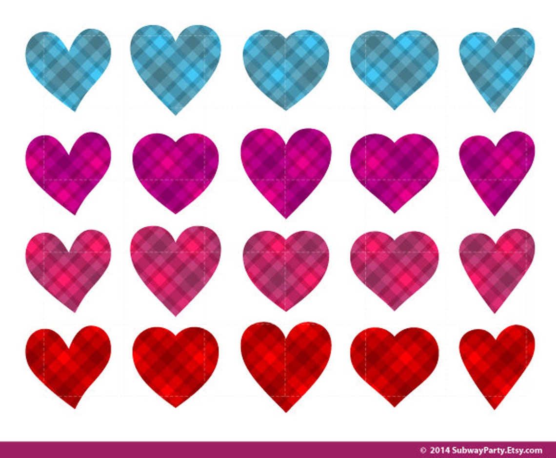 Valentine Heart Clipart in Red, Hot Pink, Purple & Blue Plaid. Digital ...