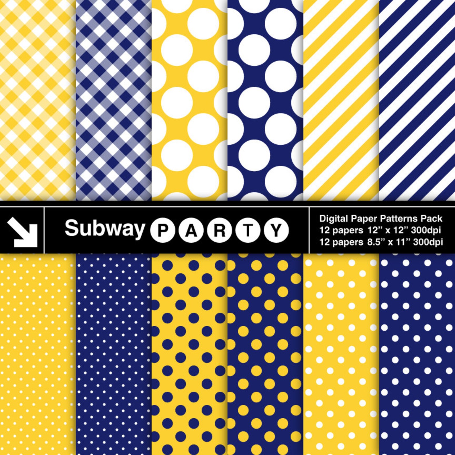 Navy Blue and Yellow Digital Papers Pack in Polka Dot Stripes | Etsy