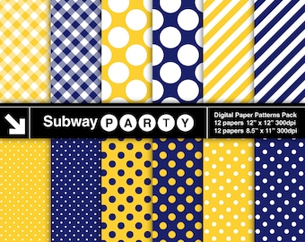 Navy Blue and Yellow Digital Papers Pack in Polka Dot Stripes and ...
