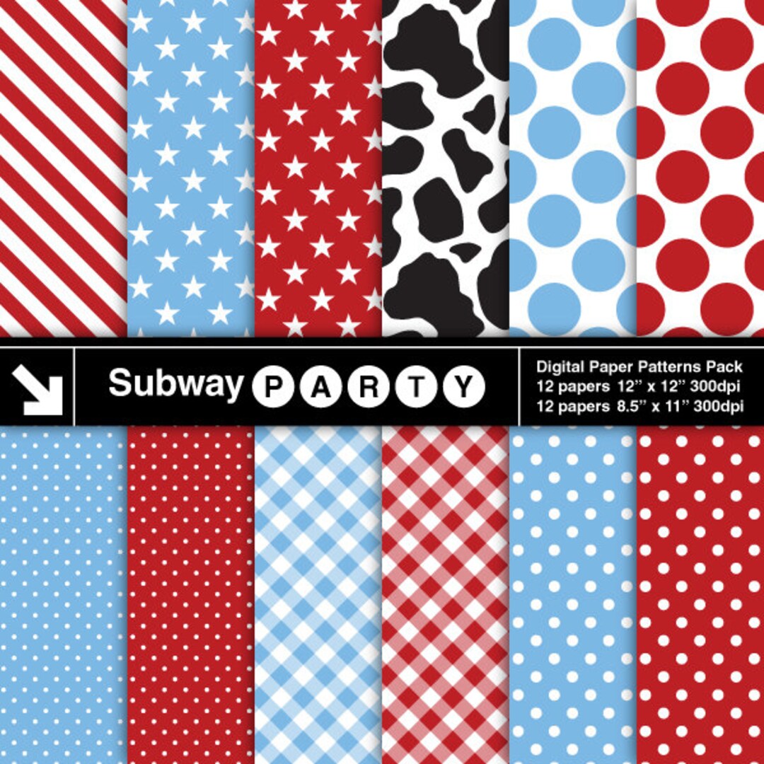 Cowboy Digital Papers in Red Blue Black Gingham Polka Dot Cow Hide ...