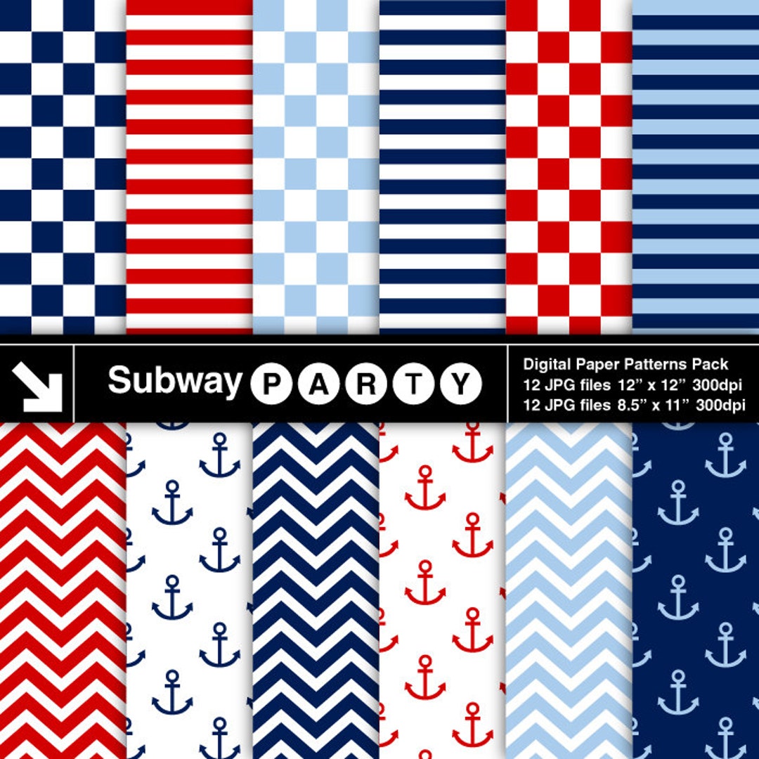 Nautical Navy, Blue, Red Chevron, Anchors, Checks & Stripes Digital ...