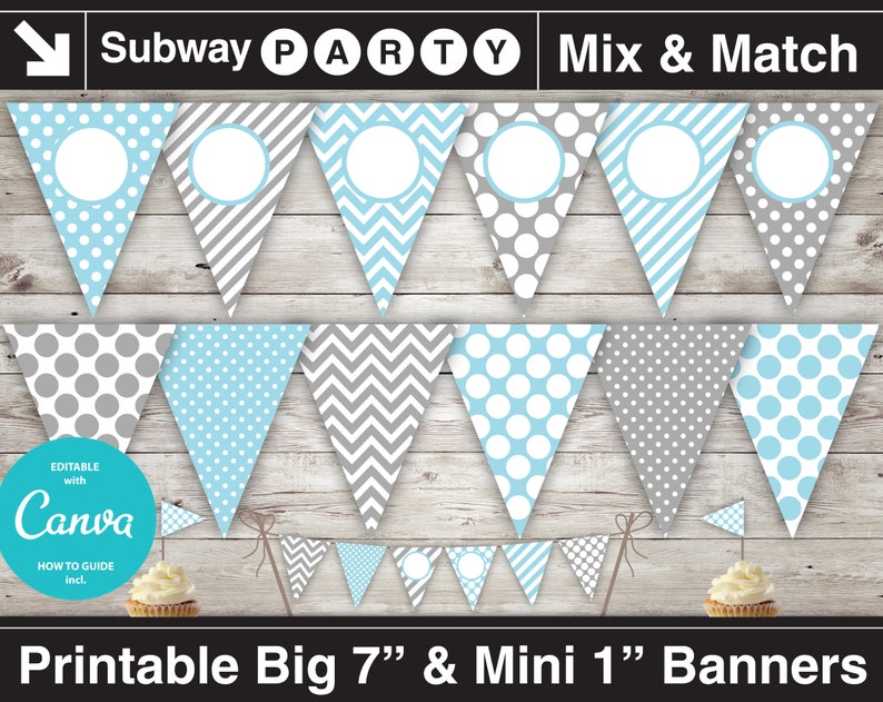 Blue Grey Boy Baby Shower Party Printable Banner and Mini Cake | Etsy