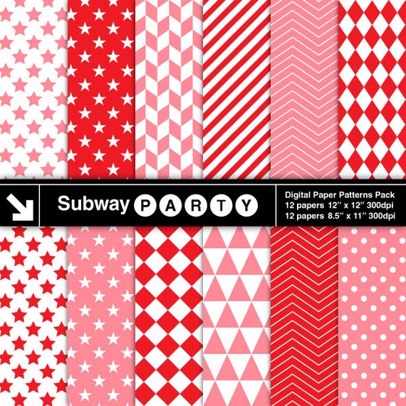 Pink Red Geometric Digital Papers Pack. Chevron, Checks, Stars, Stripe ...