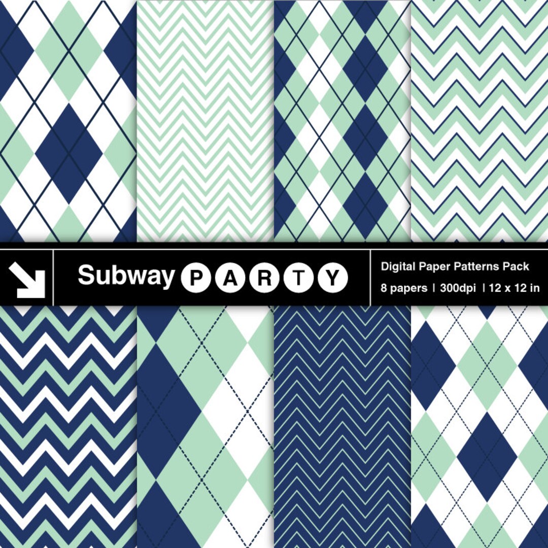 Navy Blue and Green Mint Digital Papers Pack in Chevron and Argyle ...