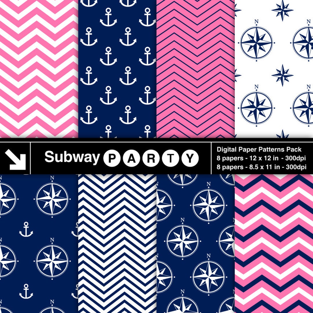 Nautical Pink and Navy Digital Papers Pack. Anchors and Compasses ...