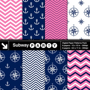 Nautical Pink and Navy Digital Papers Pack. Anchors and Compasses ...