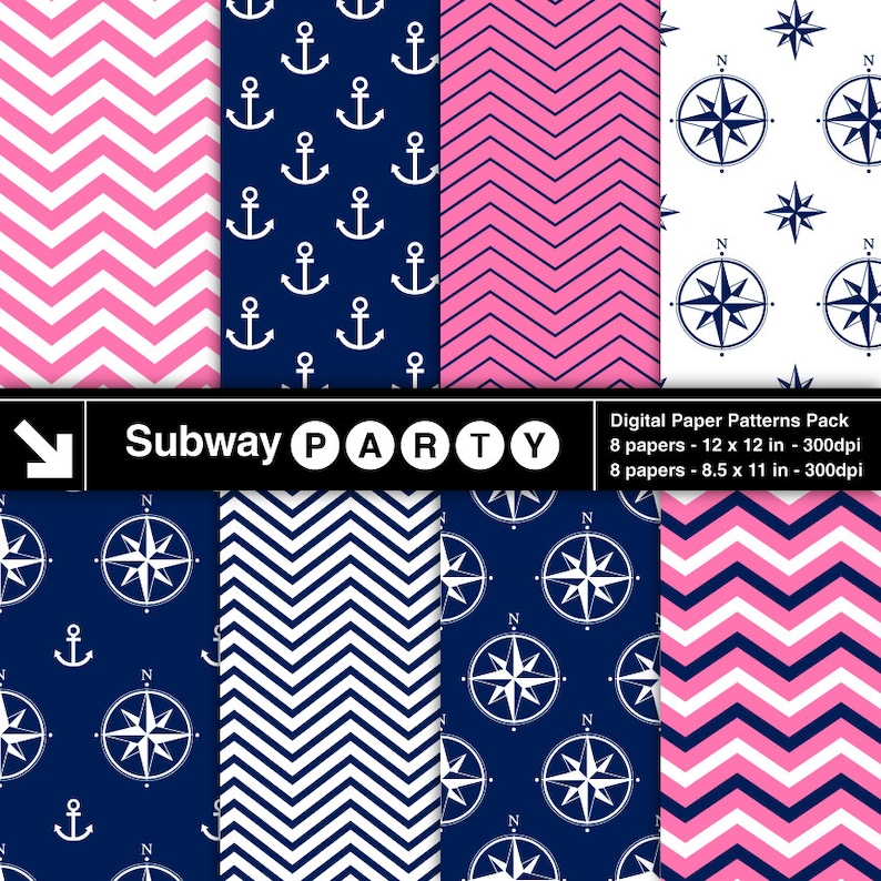 Nautical Pink and Navy Digital Papers Pack. Chevron Anchors - Etsy