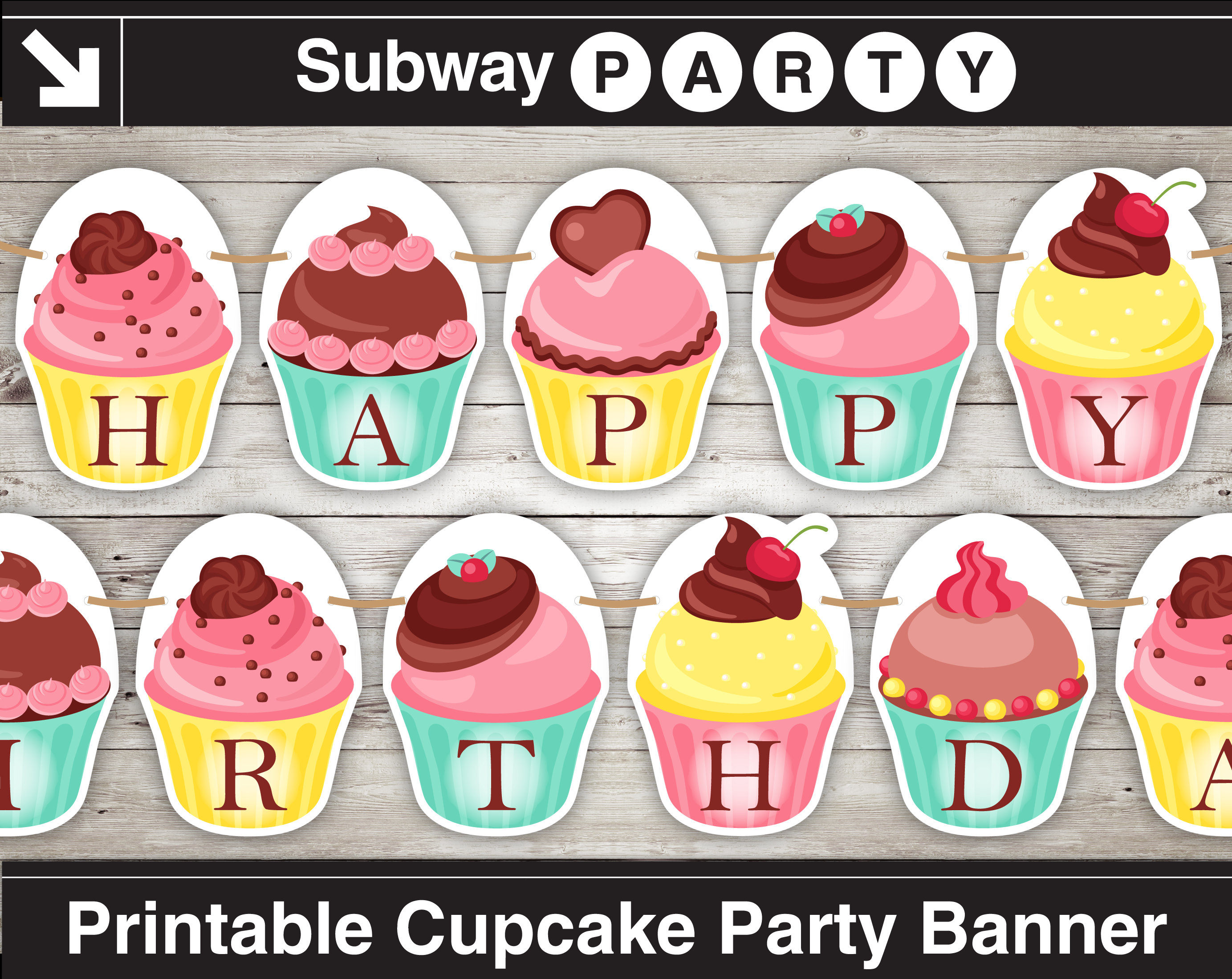 Printable Cupcake Party Banner. Happy Birthday Garland. Chocolate and ...