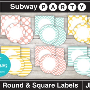 Yellow Mint Coral Printable Party Circles and Squares / Cupcake Toppers ...