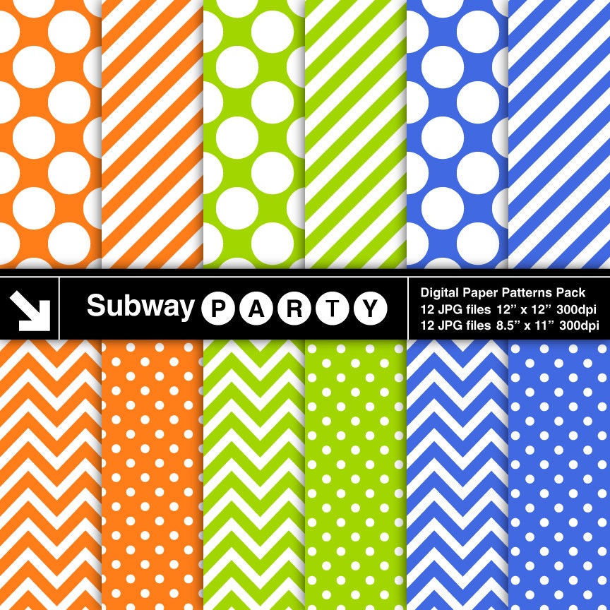Blue Orange and Green Chevron Polka Dots & Stripes Digital | Etsy