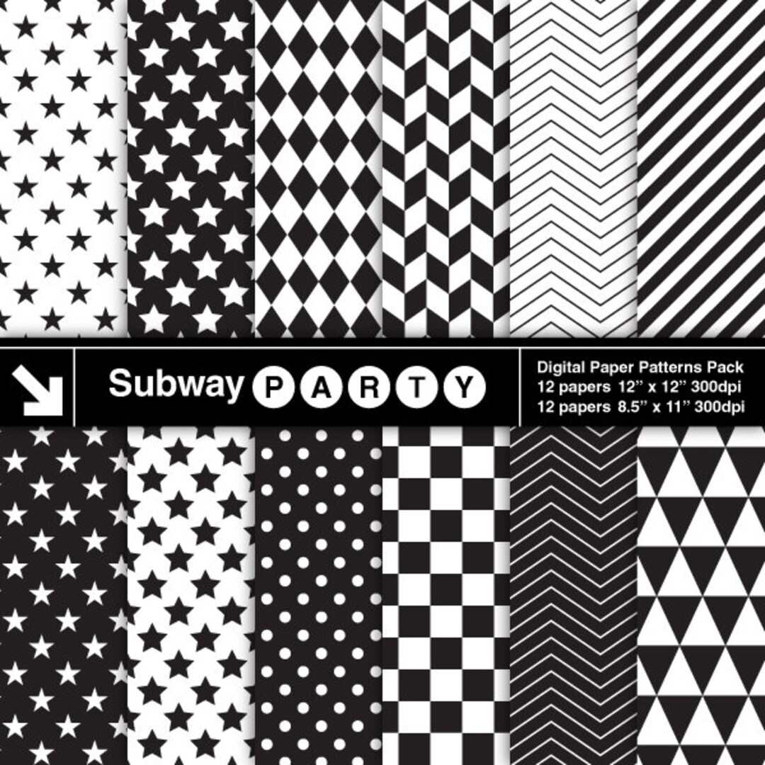 Black and White Geometric Digital Papers in Chevron Checks Stars ...
