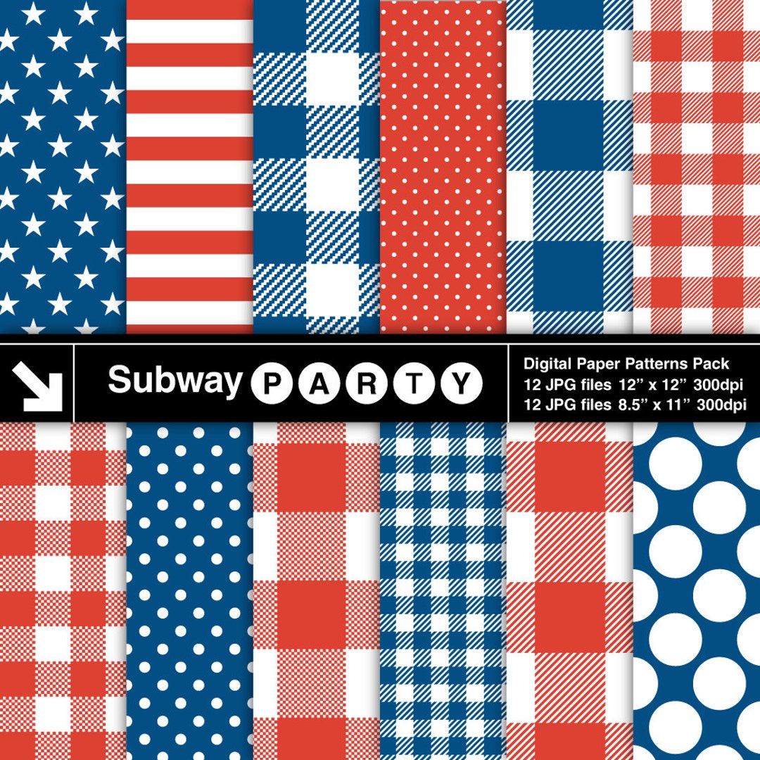Patriotic Red White Blue Stars, Stripes & Gingham Digital Papers ...