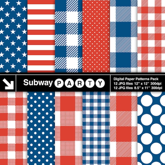 Patriotic Red White Blue Stars, Stripes & Gingham Digital Papers ...