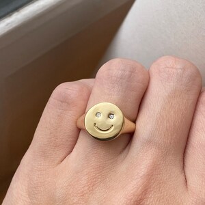 Smiley Signet - 14K Yellow Gold Round Smiley Diamond Signet Ring ...