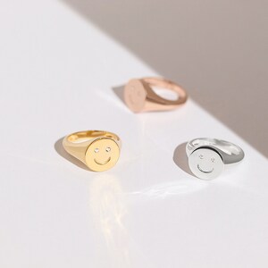 Smiley Signet - 14K Yellow Gold Round Smiley Diamond Signet Ring ...