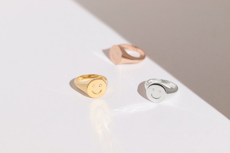 Smiley Signet - 14K Yellow Gold Round Smiley Diamond Signet Ring ...