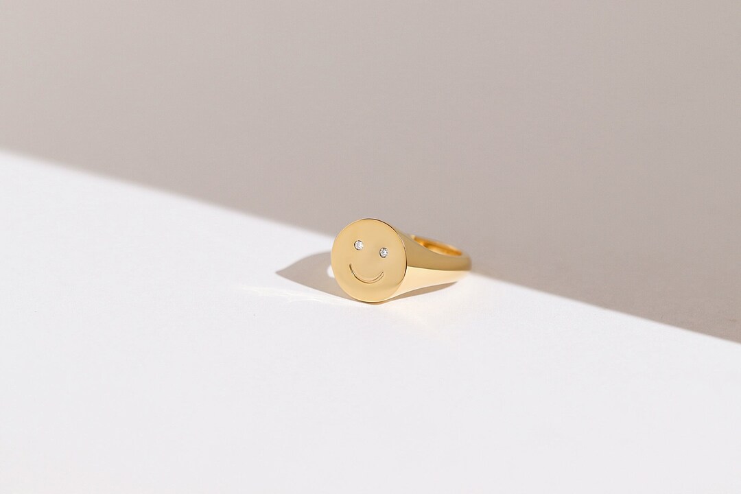 Smiley Signet - 14K Yellow Gold Round Smiley Diamond Signet Ring ...
