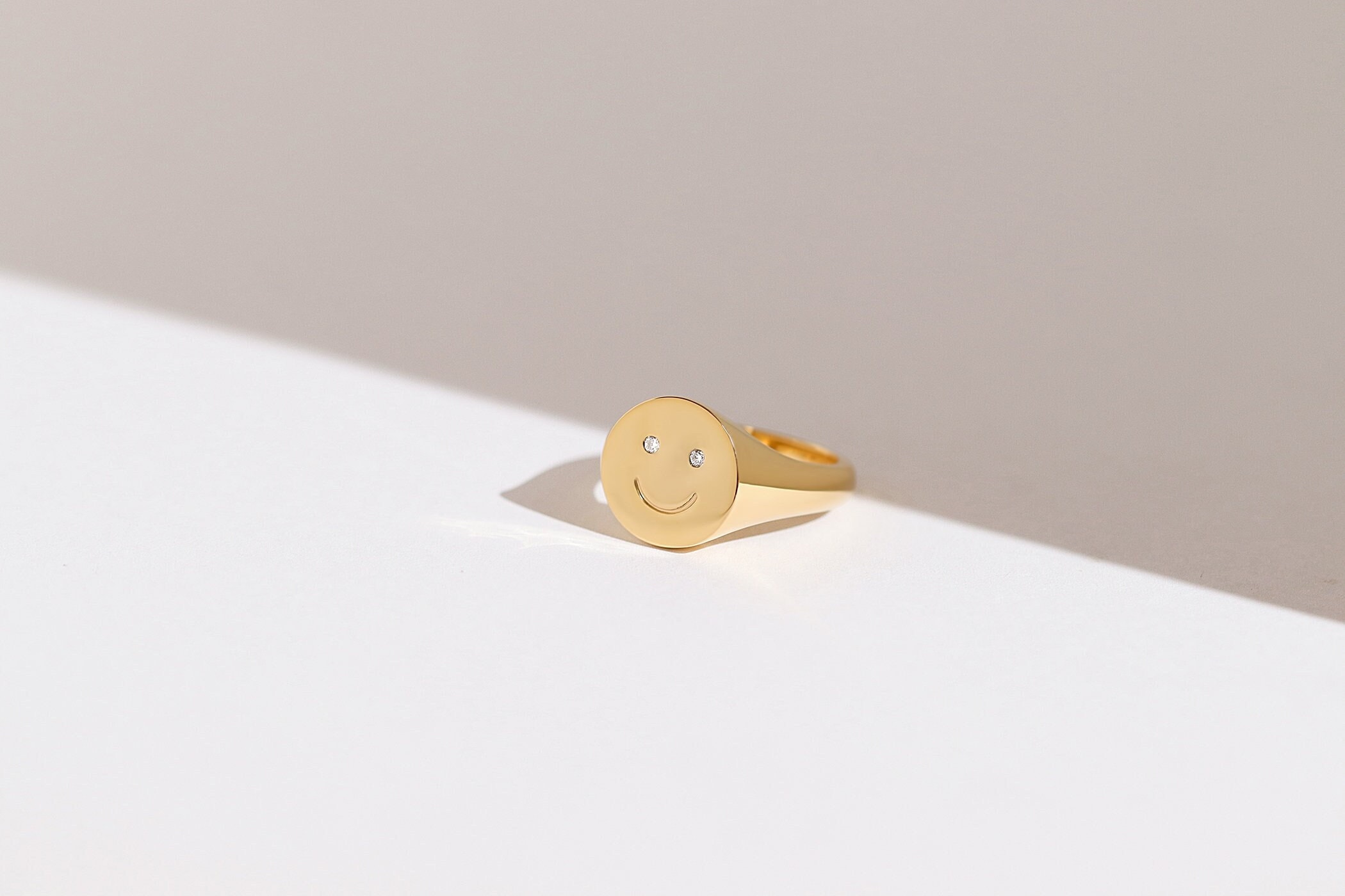 Smiley Signet - 14K Yellow Gold Round Smiley Diamond Signet Ring ...