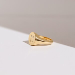 Smiley Signet - 14K Yellow Gold Round Smiley Diamond Signet Ring ...