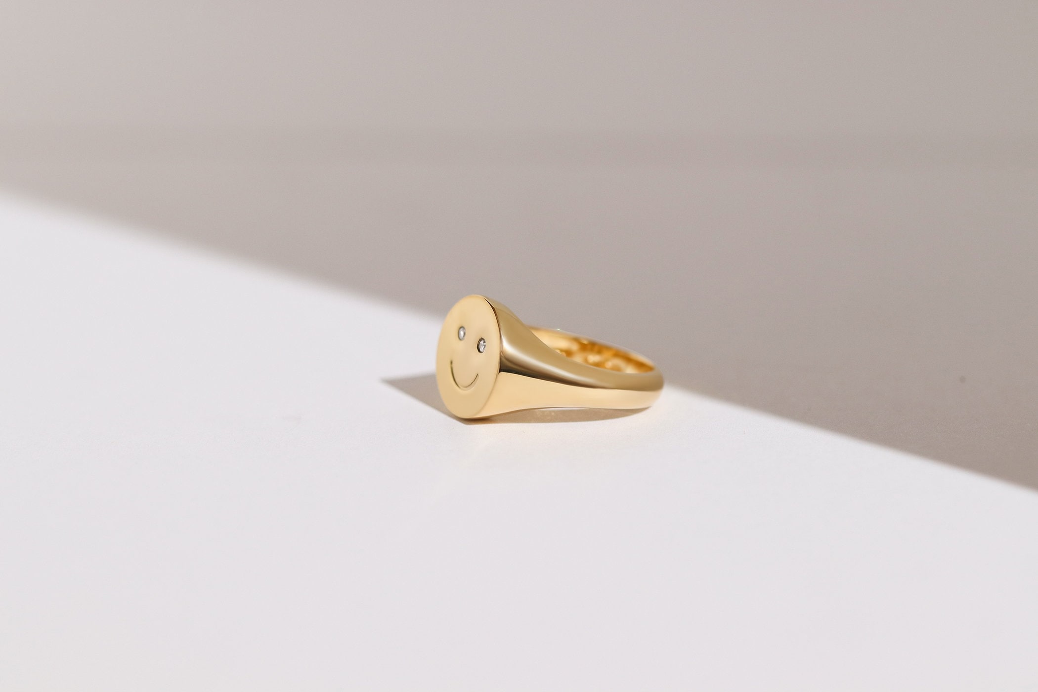 Smiley Signet - 14K Yellow Gold Round Smiley Diamond Signet Ring ...