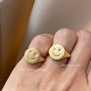 Smiley Signet - 14K Yellow Gold Round Smiley Diamond Signet Ring ...