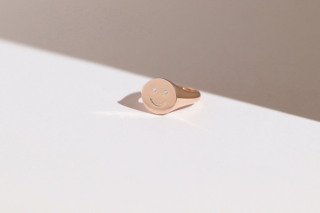 Smiley Signet - 14K Rose Gold Round Smiley Diamond Signet Ring ...