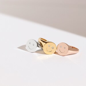 Smiley Signet - 14K Yellow Gold Round Smiley Diamond Signet Ring ...
