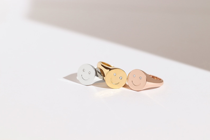 Smiley Signet - 14K Yellow Gold Round Smiley Diamond Signet Ring ...