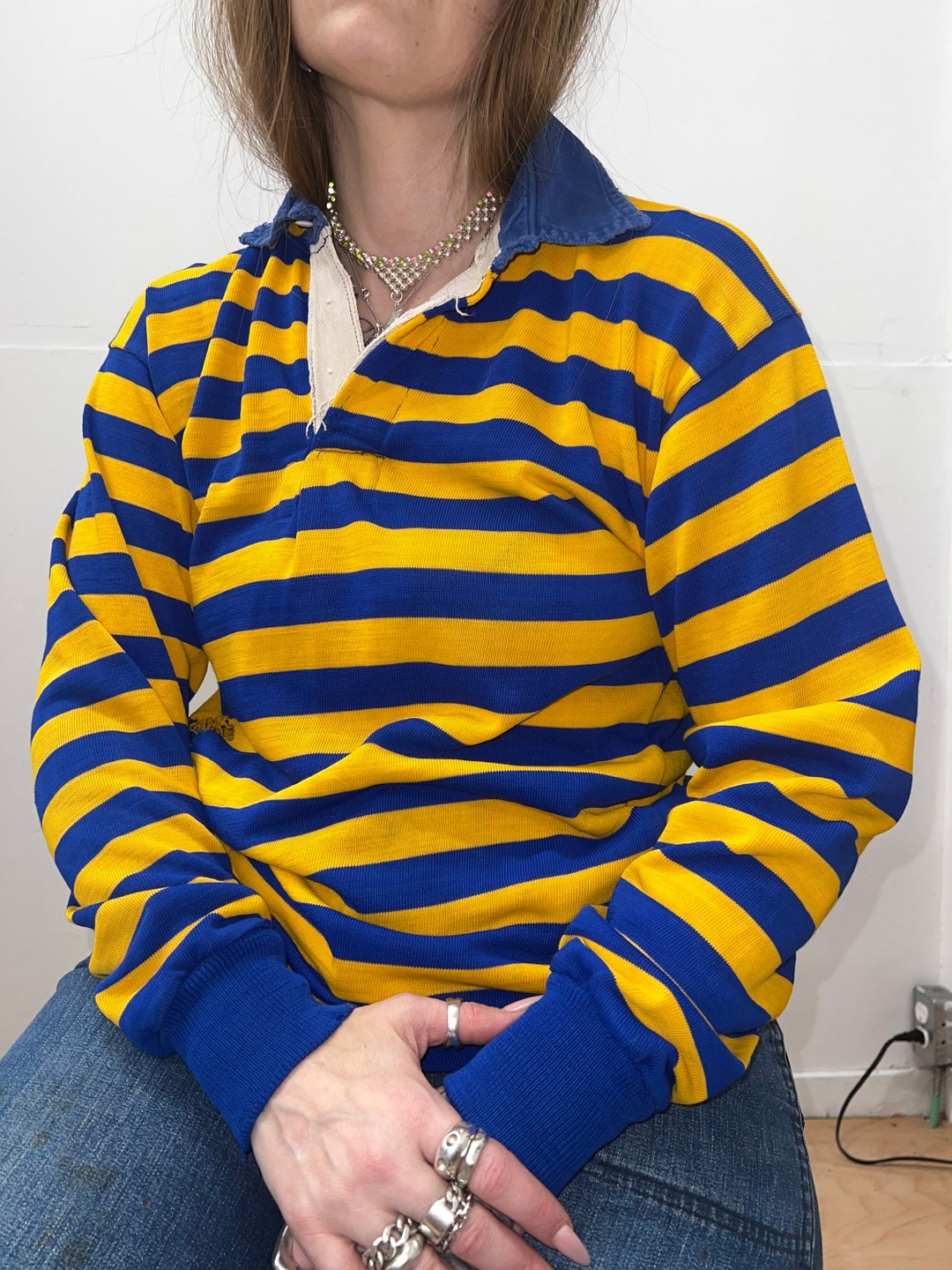 Vintage 60s/70s Golden Yellow and Blue Striped Rugby Shirt Size Medium ...