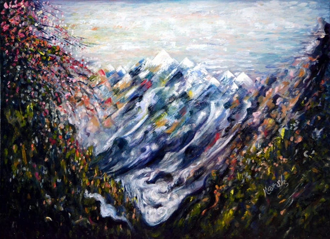 Spring in Deep Valley of Himalayas, Snowy Mountains, Nature Painting ...