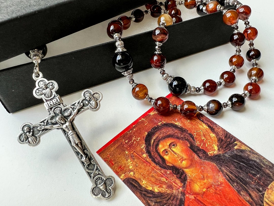 Heirloom Saint Michael the Archangel Catholic Rosary With Genuine Banded Agate and Onyx Stone ...