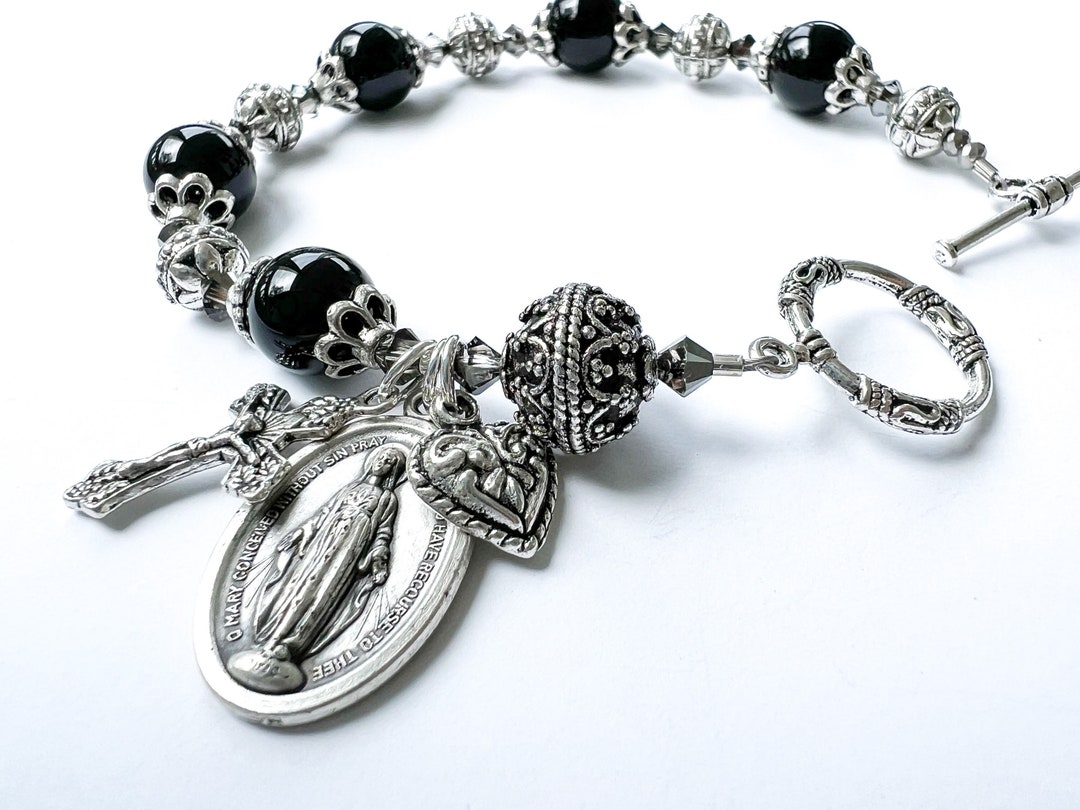 Sophisticated Miraculous Medal Rosary Bracelet, Genuine Onyx Rosary ...