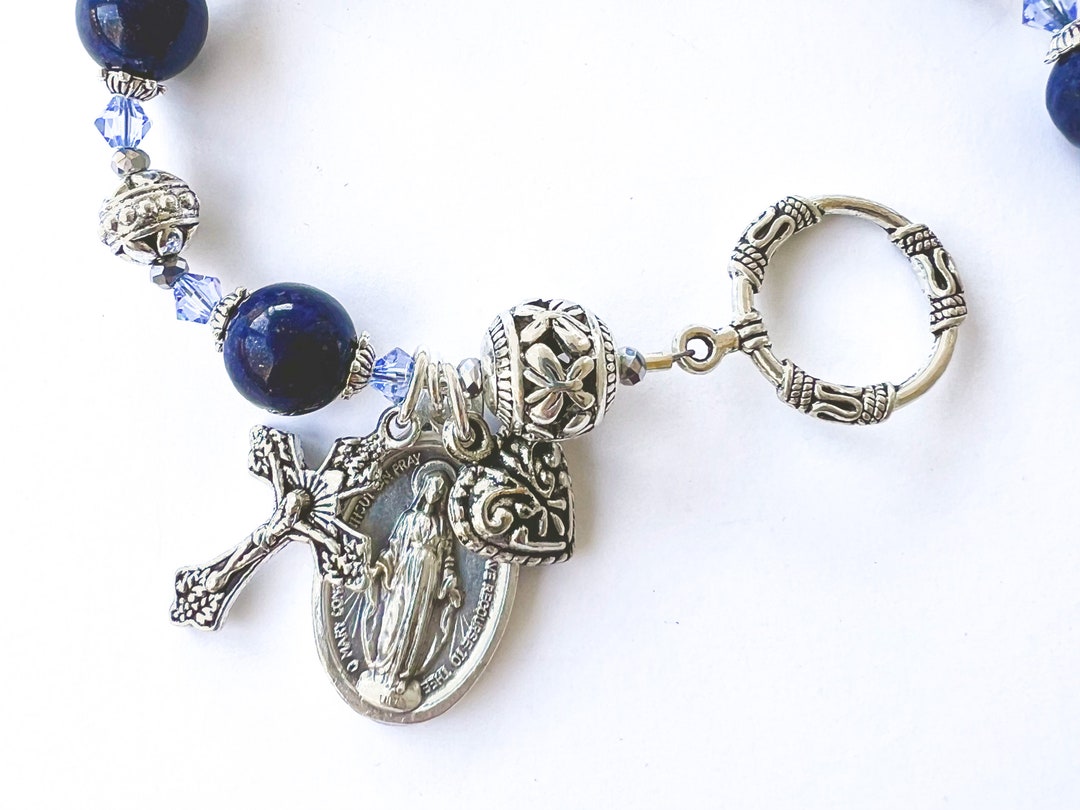 Beautiful Genuine Lapis Miraculous Medal Rosary Bracelet, Confirmation ...