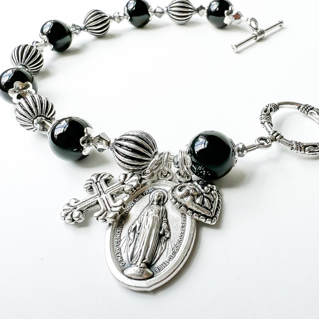 Beautiful Miraculous Medal Onyx Rosary Bracelet, Catholic Jewelry ...