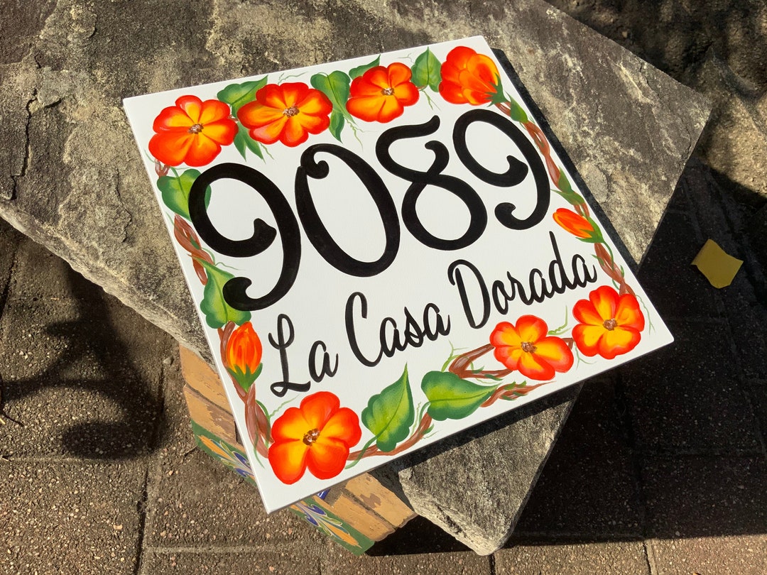 Floral House Number Plaque, Red Flower Address Sign, Outdoor Wall Home ...