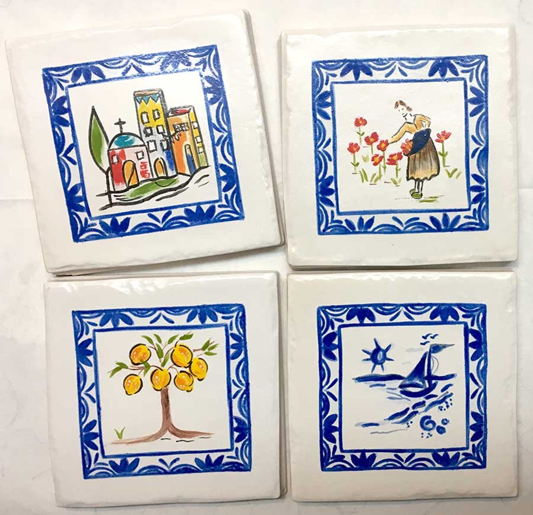 Set of Four Hand Painted Decorative Tiles for Kitchen Backsplash, Hand ...