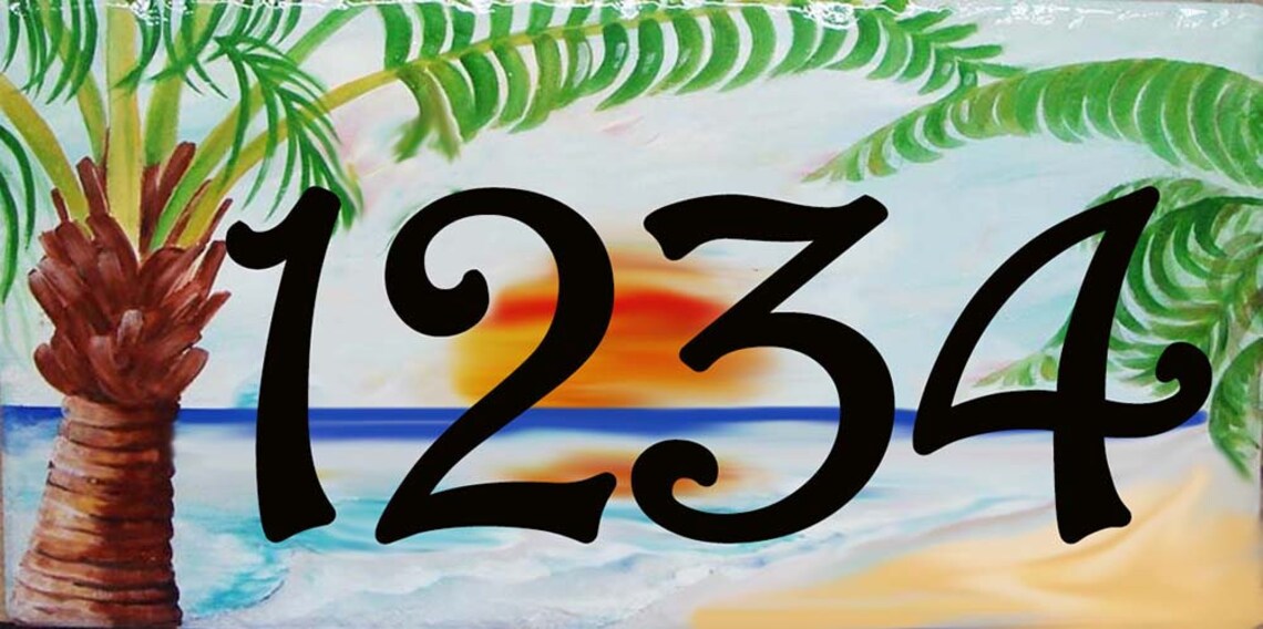 Palm Tree Beach Ceramic House Number Plaque Hand Painted - Etsy