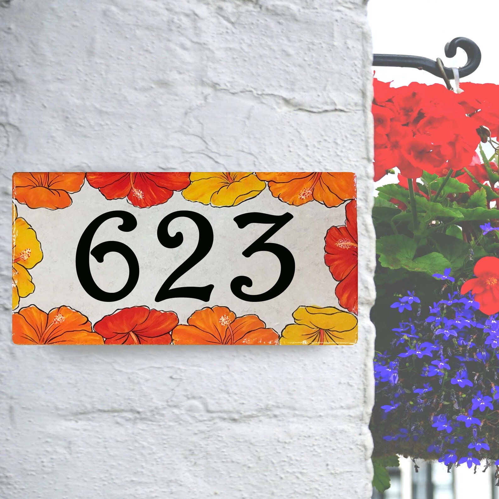 Colorful House Number Plaque, Hawaiian Flower House Number Plaque, Hand ...