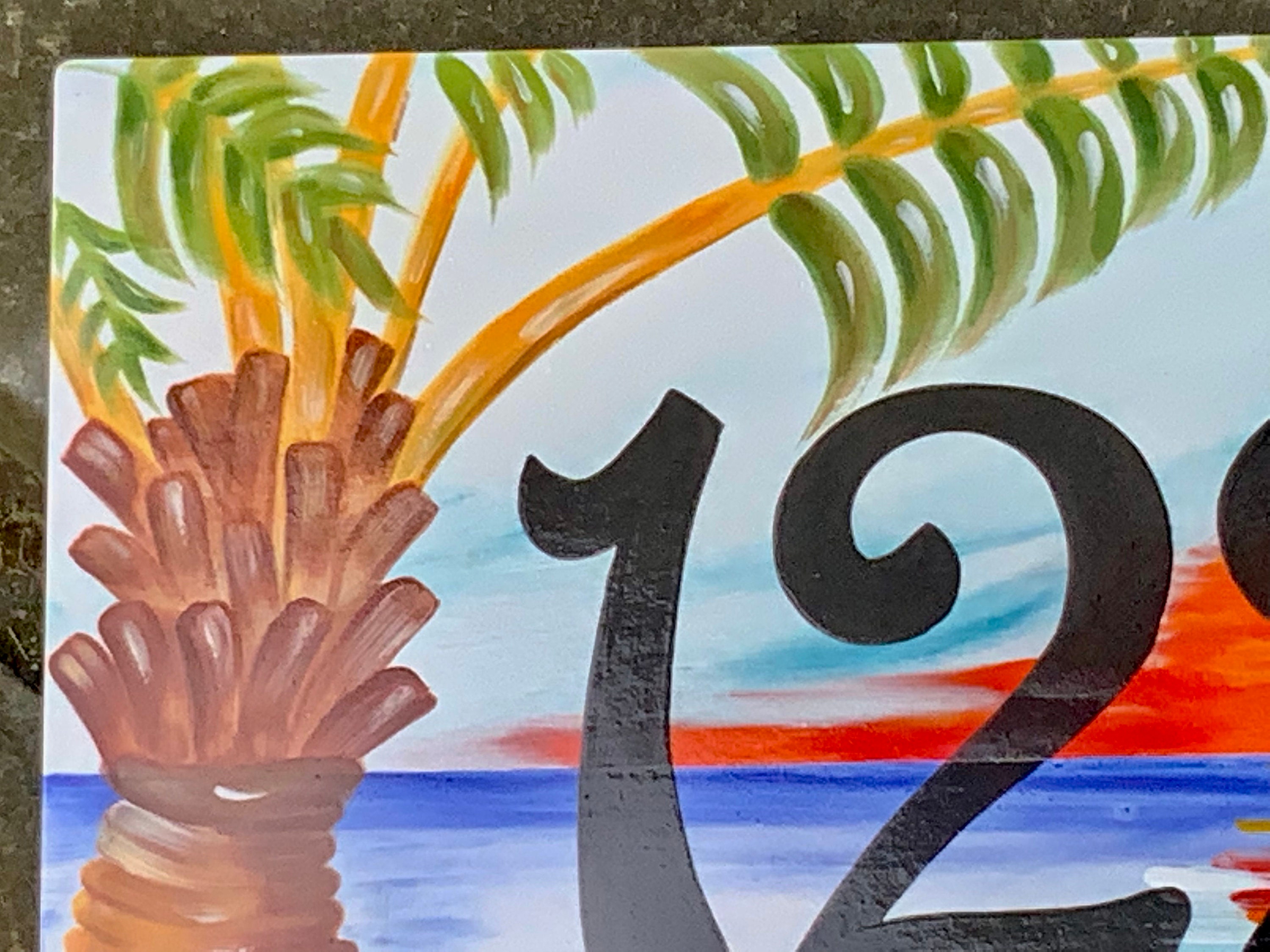 Palm Tree Beach Ceramic House Number Plaque, Hand Painted Porcelain ...