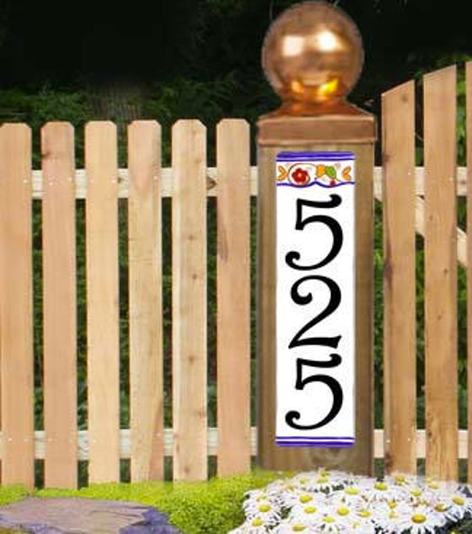 Vertical Porcelain House Numbers, Hand Painted Address Sign, Fence Post ...