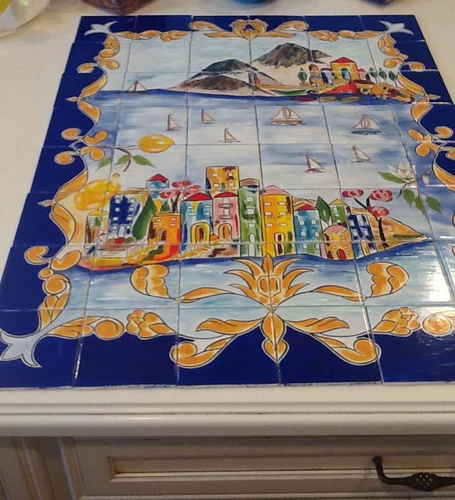 Hand Painted Tile Mural, Cobalt Blue Mediterranean Seascape, Kitchen ...
