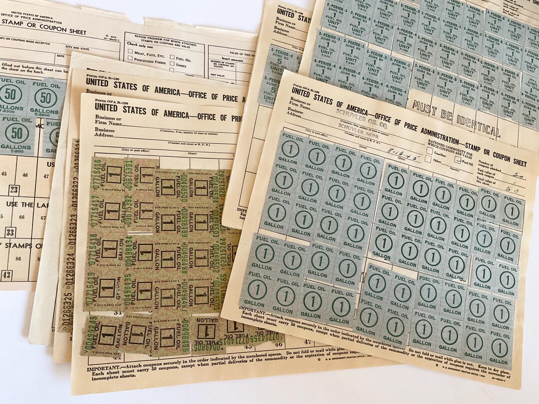 Vintage 1945 WWII Fuel Oil Ration Sheets 1, 5 and 50 Gallon Stamps ...