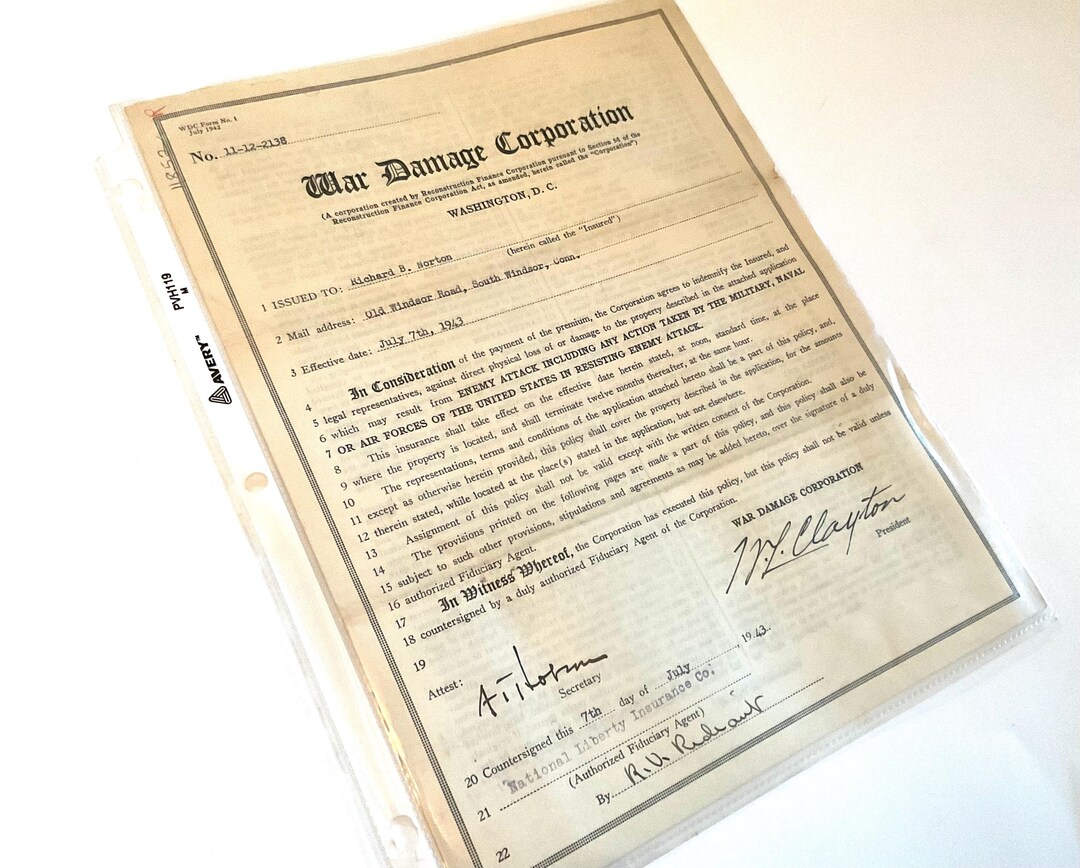Original WWII War Damage Insurance Policy - 1943 Historical Document ...