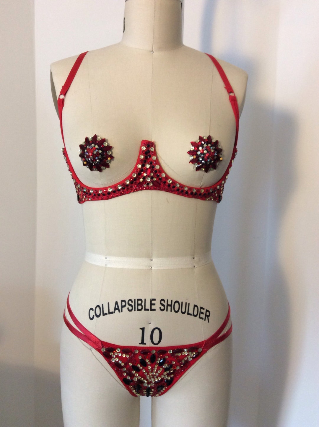 Underwire Open Cup Bra Panty Pasties Setred Black Etsy