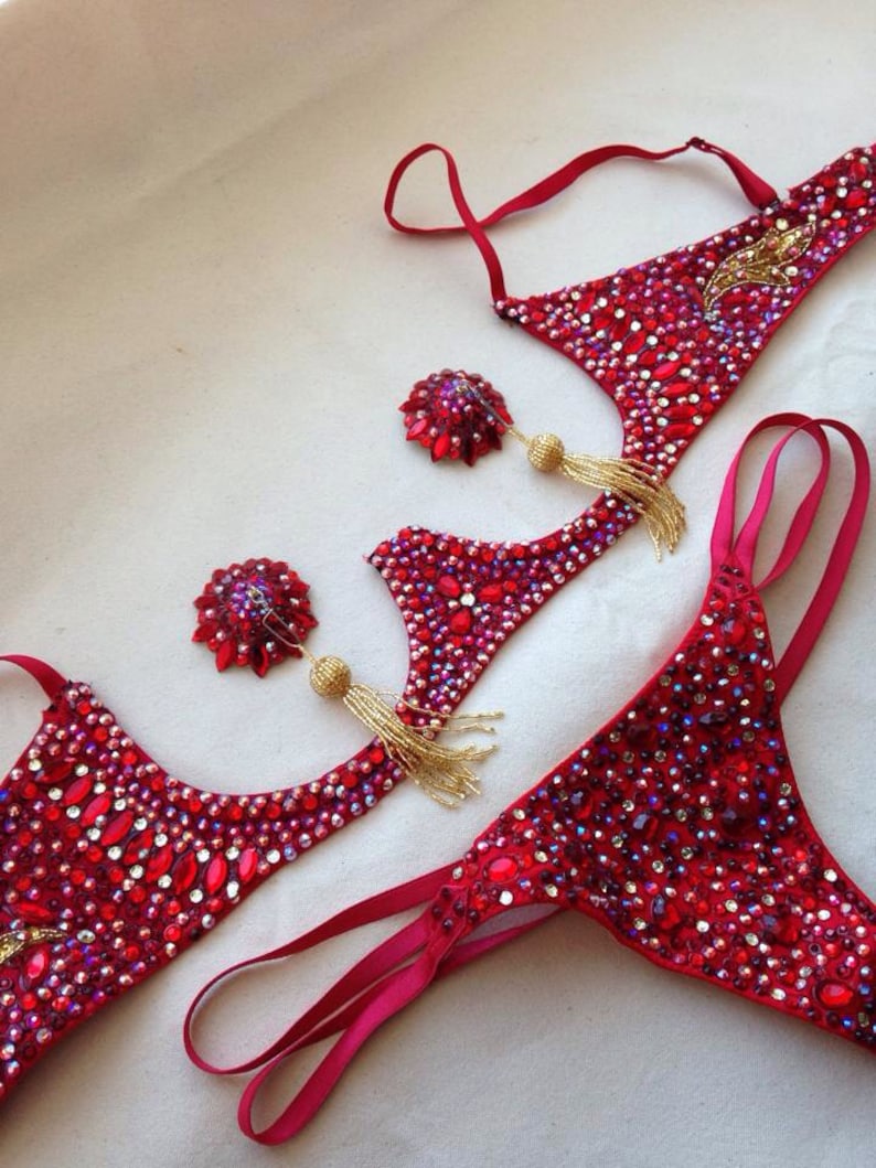 Underwire Bra and Gstring Set, Tasseled Pasties, Red, Rhinestoned - Etsy