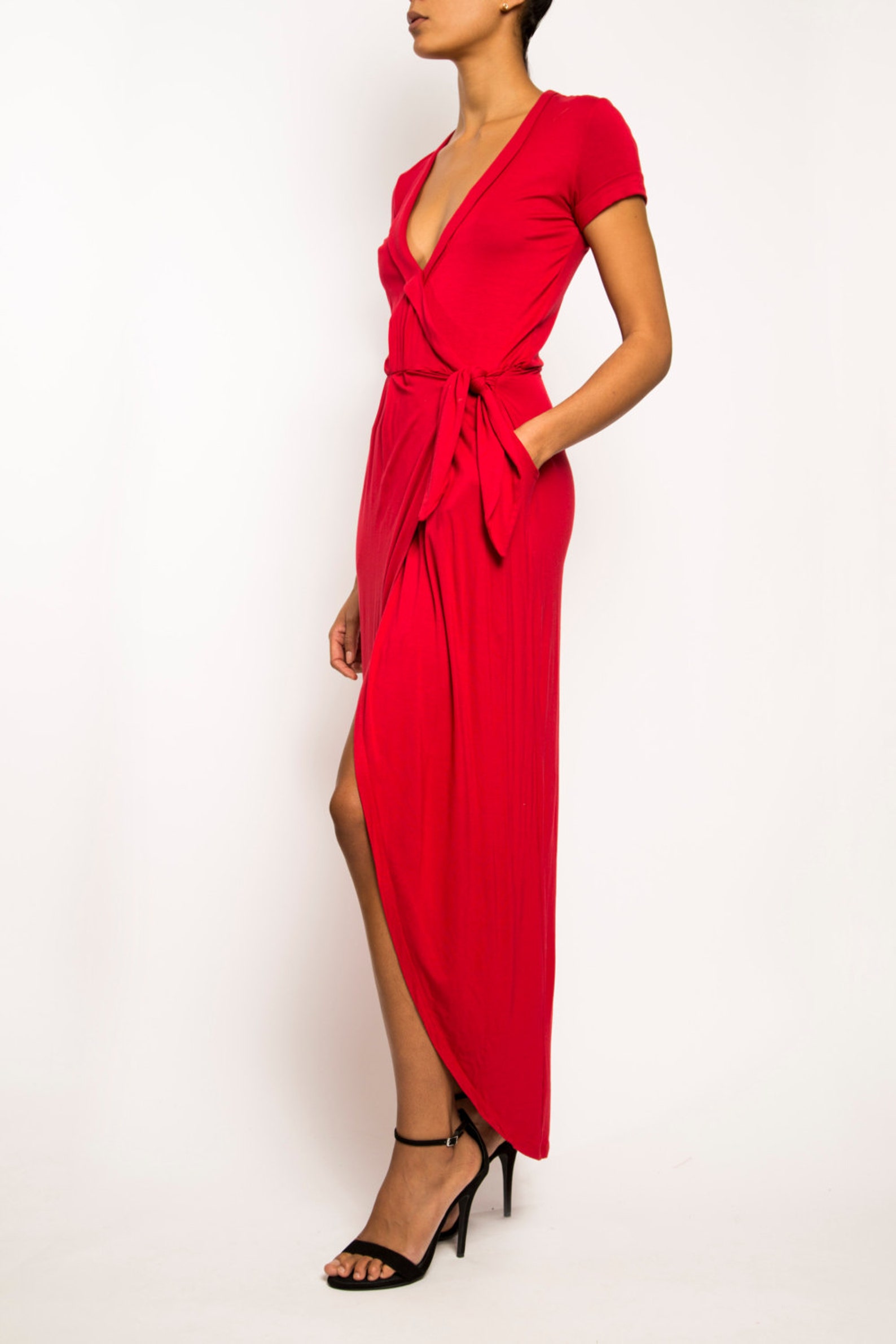MEL - Red, Black, Long Maxi Wrap Jersey Dress Slits W Pockets Evening ...