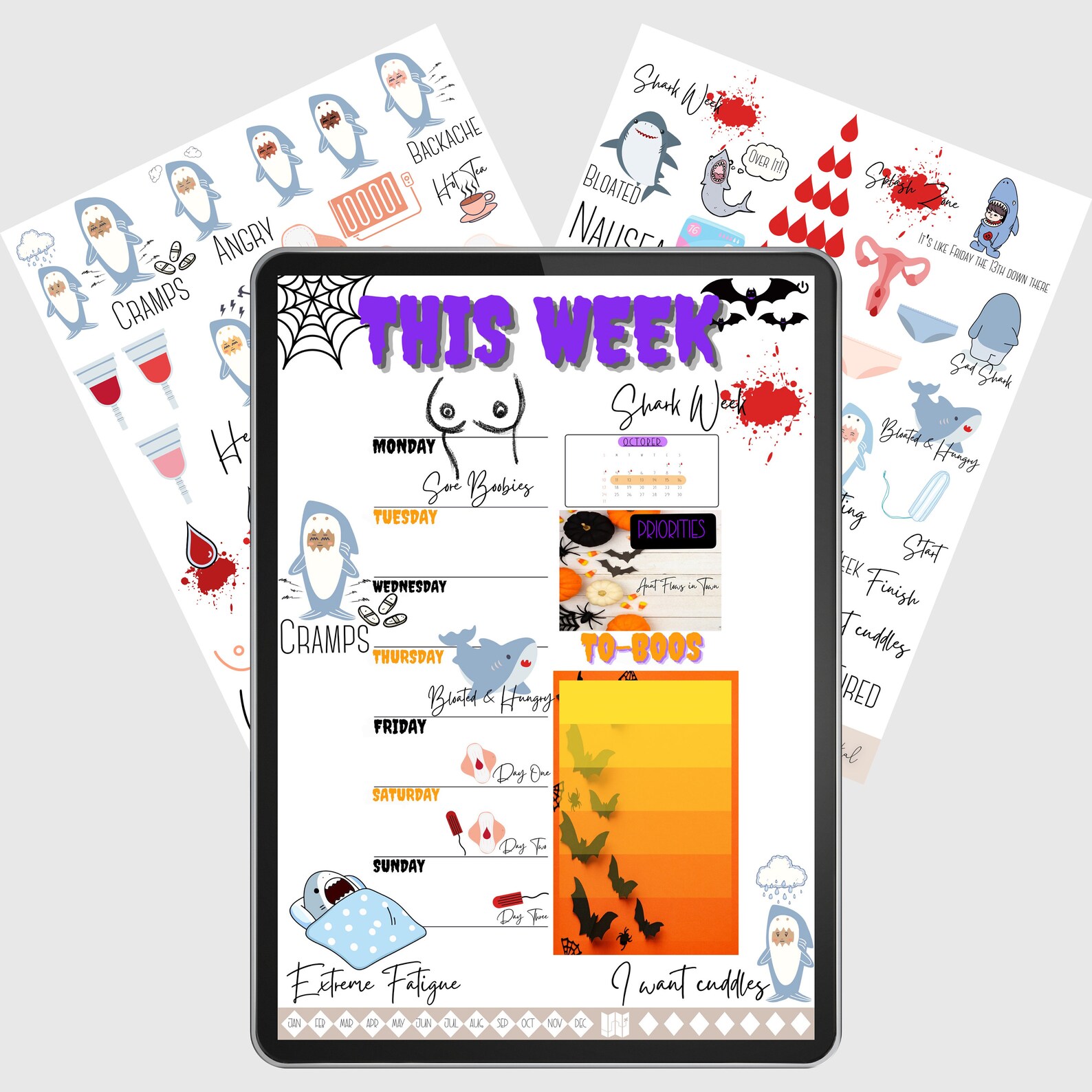 Period Tracker Digital Stickers: Organize Shark Week With Self-care ...