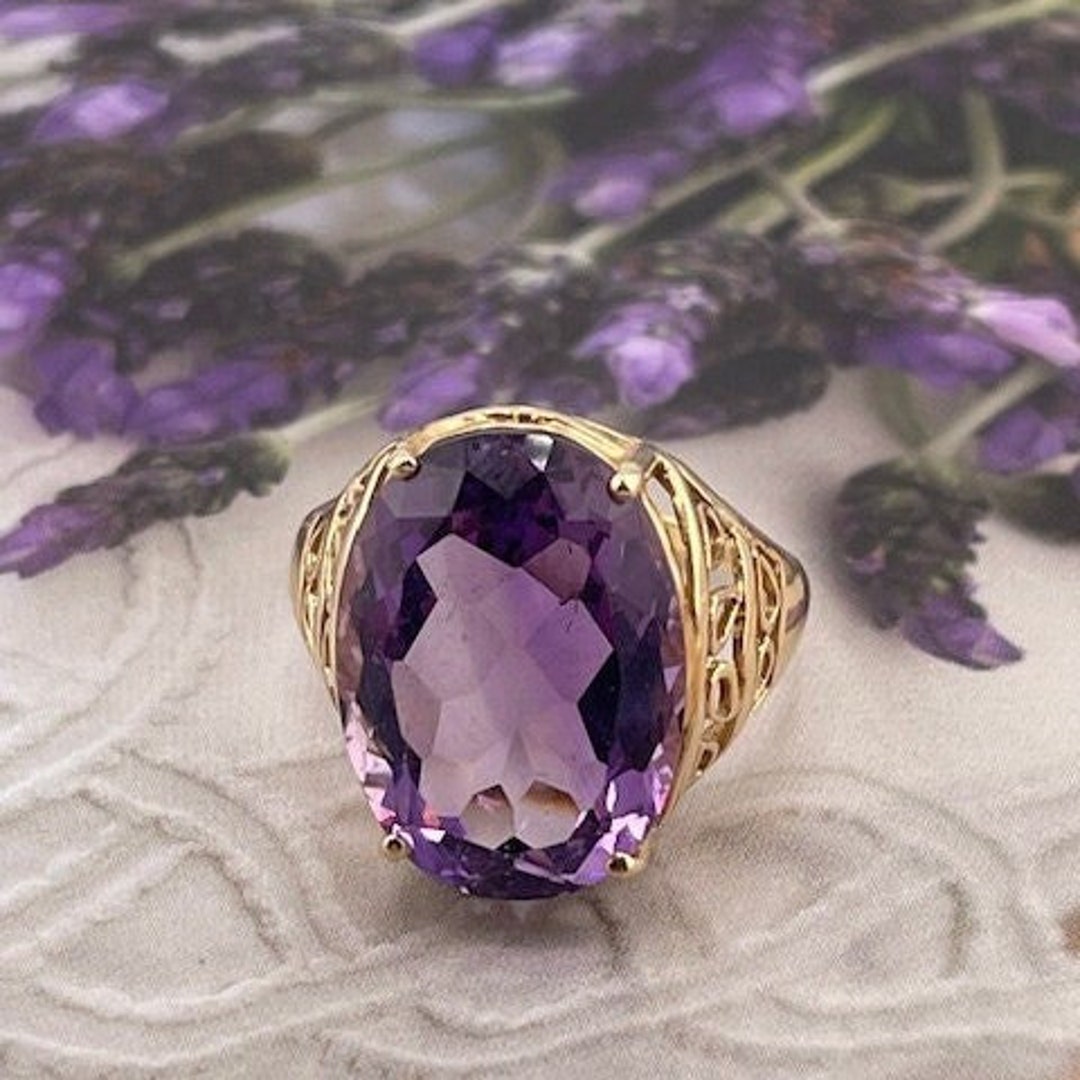 Vintage Amethyst Ring 14K Yellow Gold | Large Oval Purple Gemstone ...